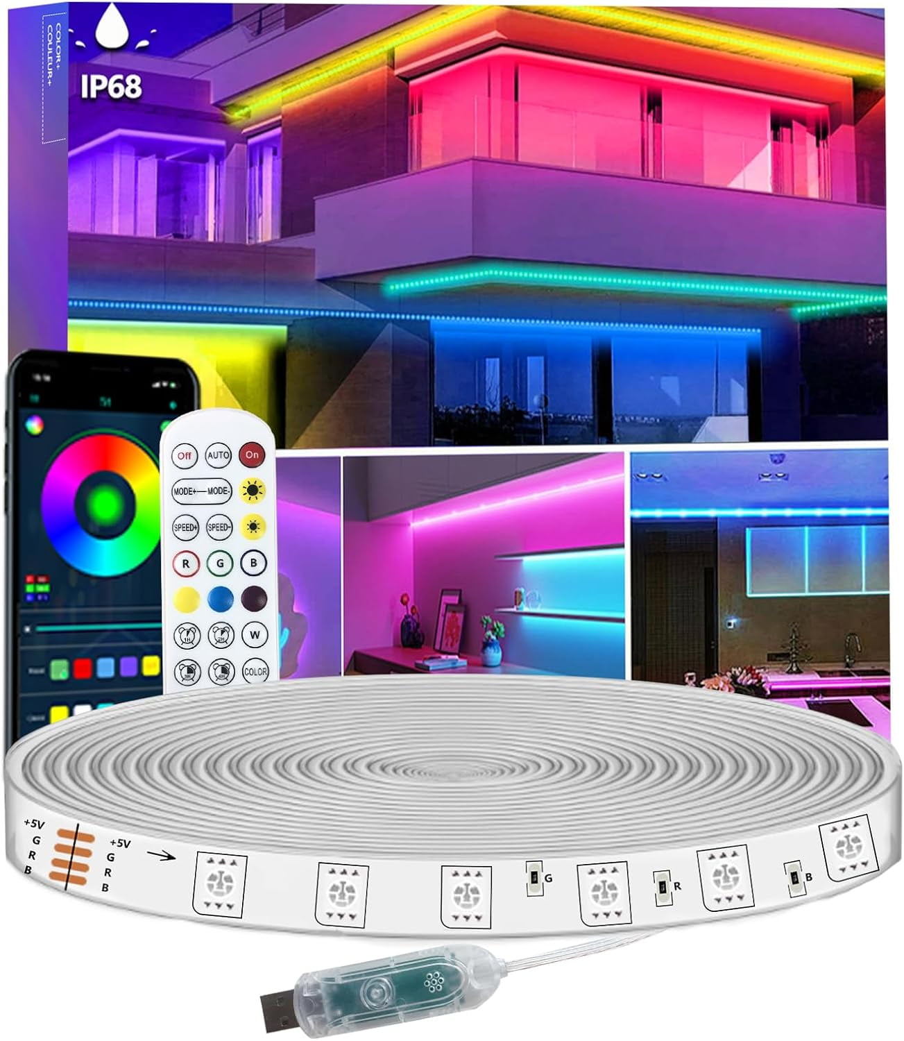 SRWEHG-16.4FT RGB LED Strip Lights IP68 Outdoor Waterproof, 5V USB ...