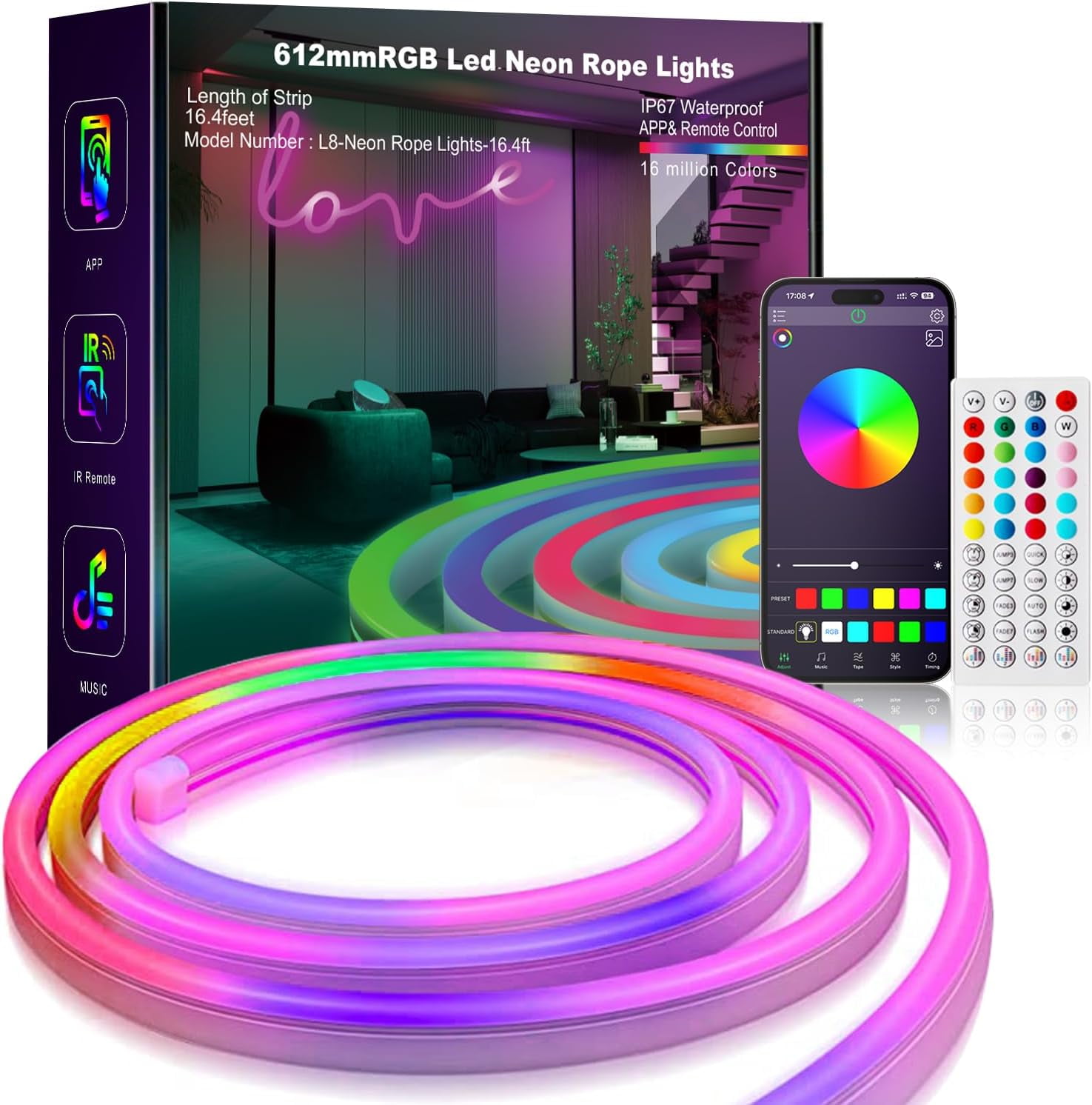 SRWEHG-16.4ft RGB LED Neon Rope Light with Remote Control, Smart Color ...