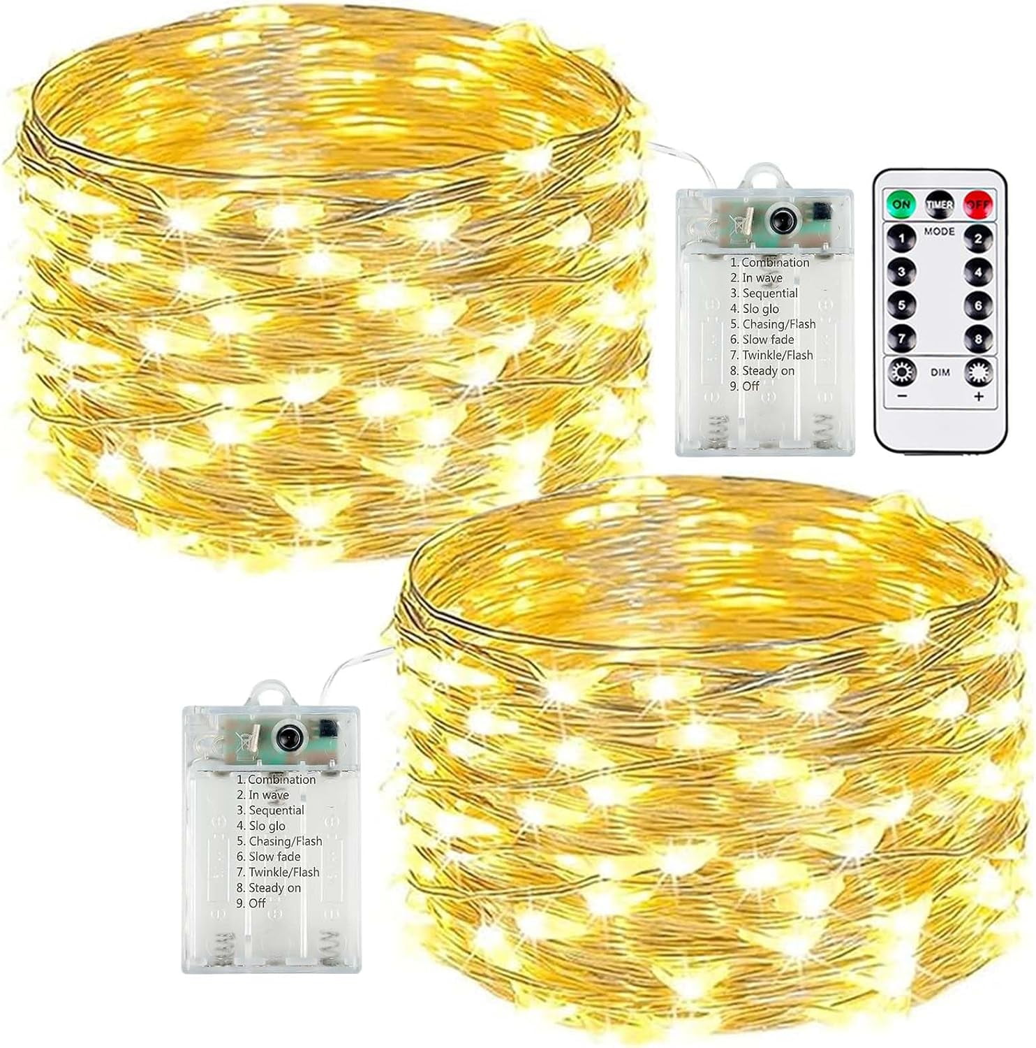 SRWEHG-2-Pack 50 LED Fairy Lights Battery Operated with Remote Control ...