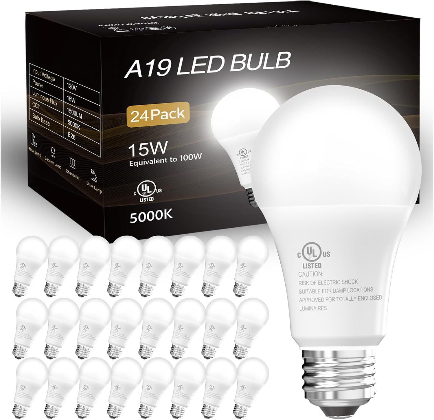 SRWEHG-24 Pack LED Bulbs Daylight White 5000K, 100 Watt Equivalent A19 ...