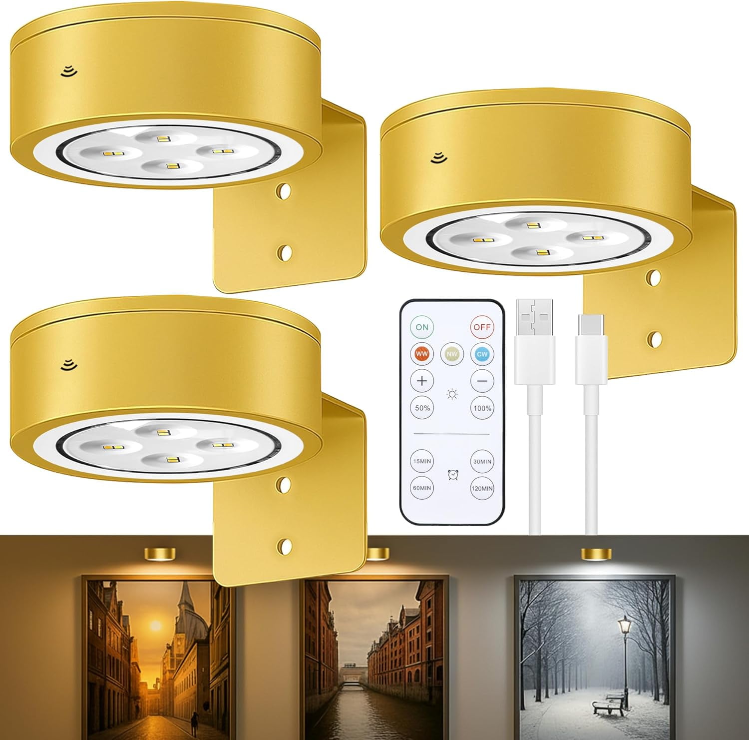 SRWEHG-3-Pack Picture Lights for Wall, Rechargeable Battery Operated ...