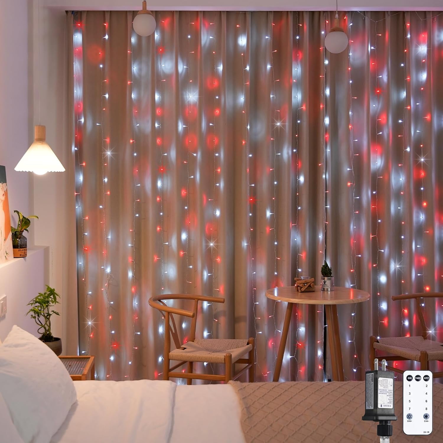 SRWEHG-300LED Red and White Christmas Curtain Lights with Remote, 9.8x9 ...
