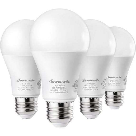 SRWEHG-4 Pack A19 Dimmable LED Light Bulbs, 800LM, 5000K Daylight Light ...