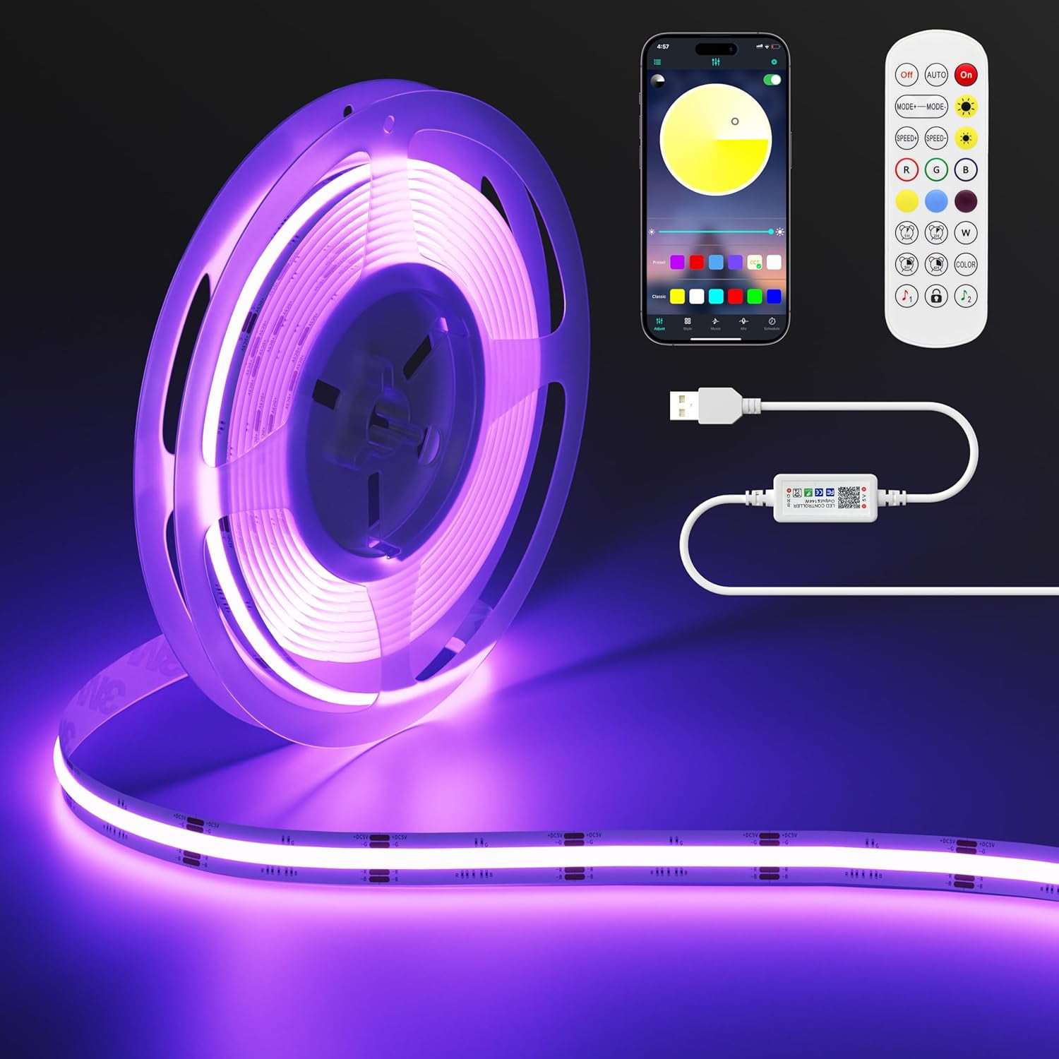 SRWEHG-5V USB RGB COB LED Strip Light,9.84ft/3m Tape Lights,RF & App ...