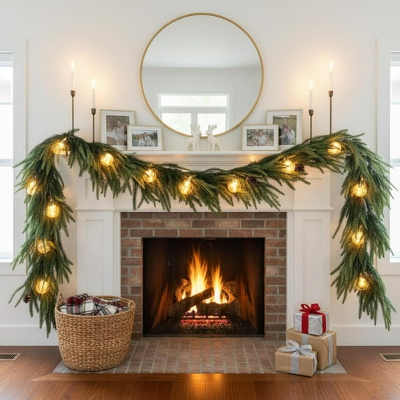 SRWEHG-9 ft Christmas Norfolk Pine Garland with 12 LED Light Bulbs Pine ...