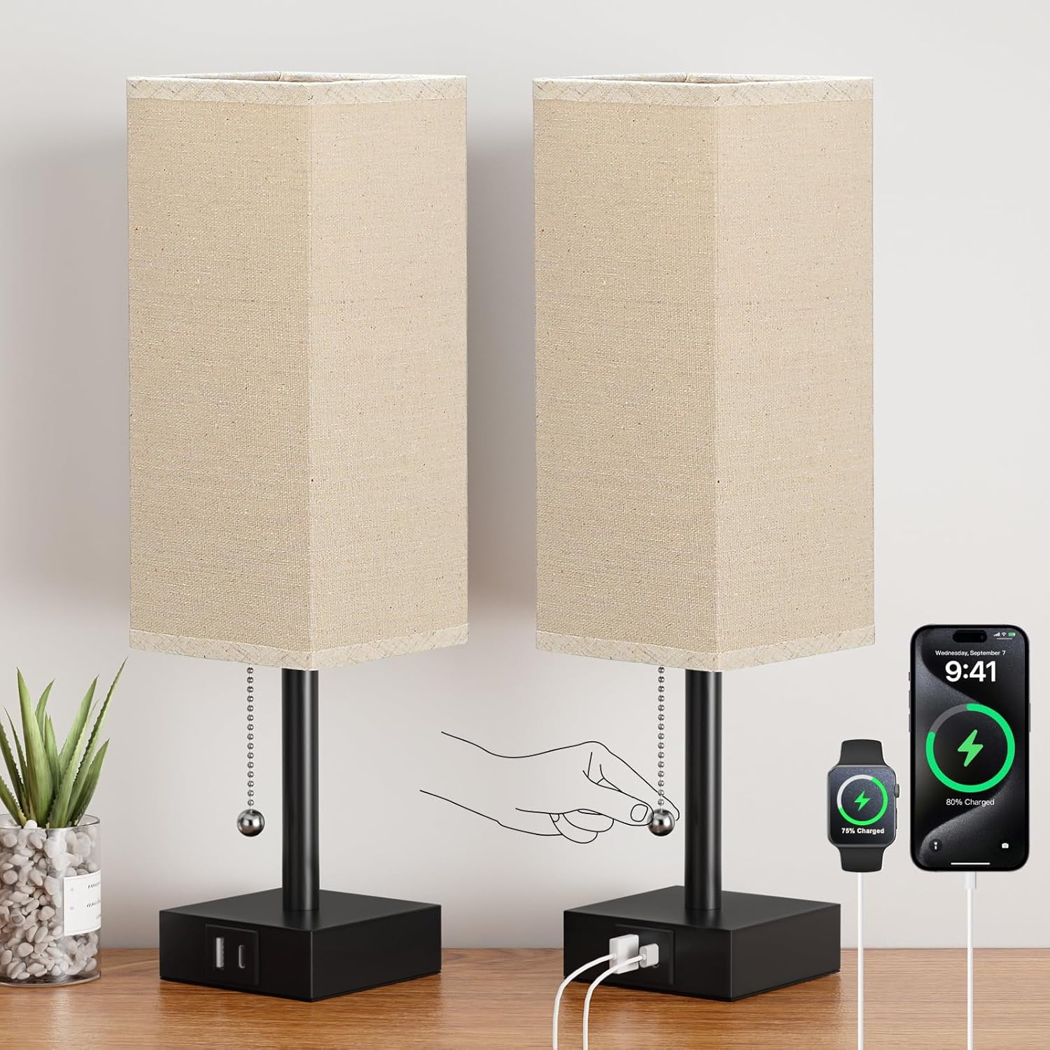 SRWEHG-Beige Bedside Table Lamps Set of 2 - Square Bedroom Lamps with 3 ...