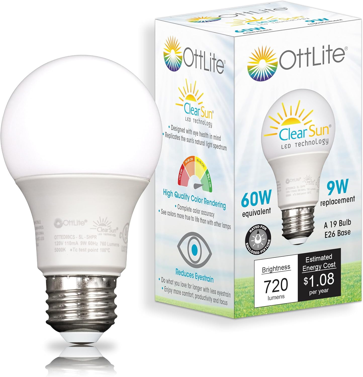 SRWEHG-ClearSun 9W Edison-Base LED Bulb, 60W Equivalent, Full Spectrum ...