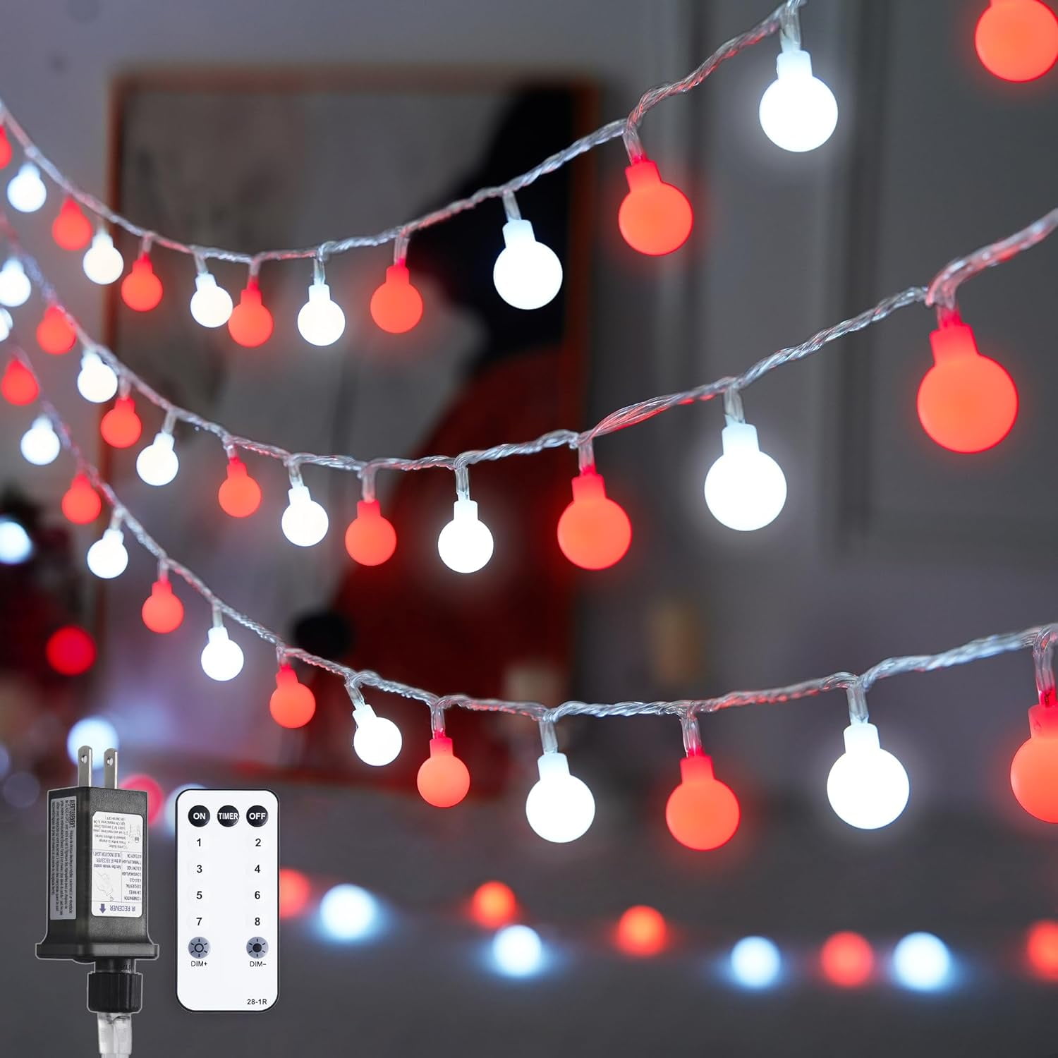 SRWEHG-Globe String Lights, Red and White Christmas Lights, 100 LED ...