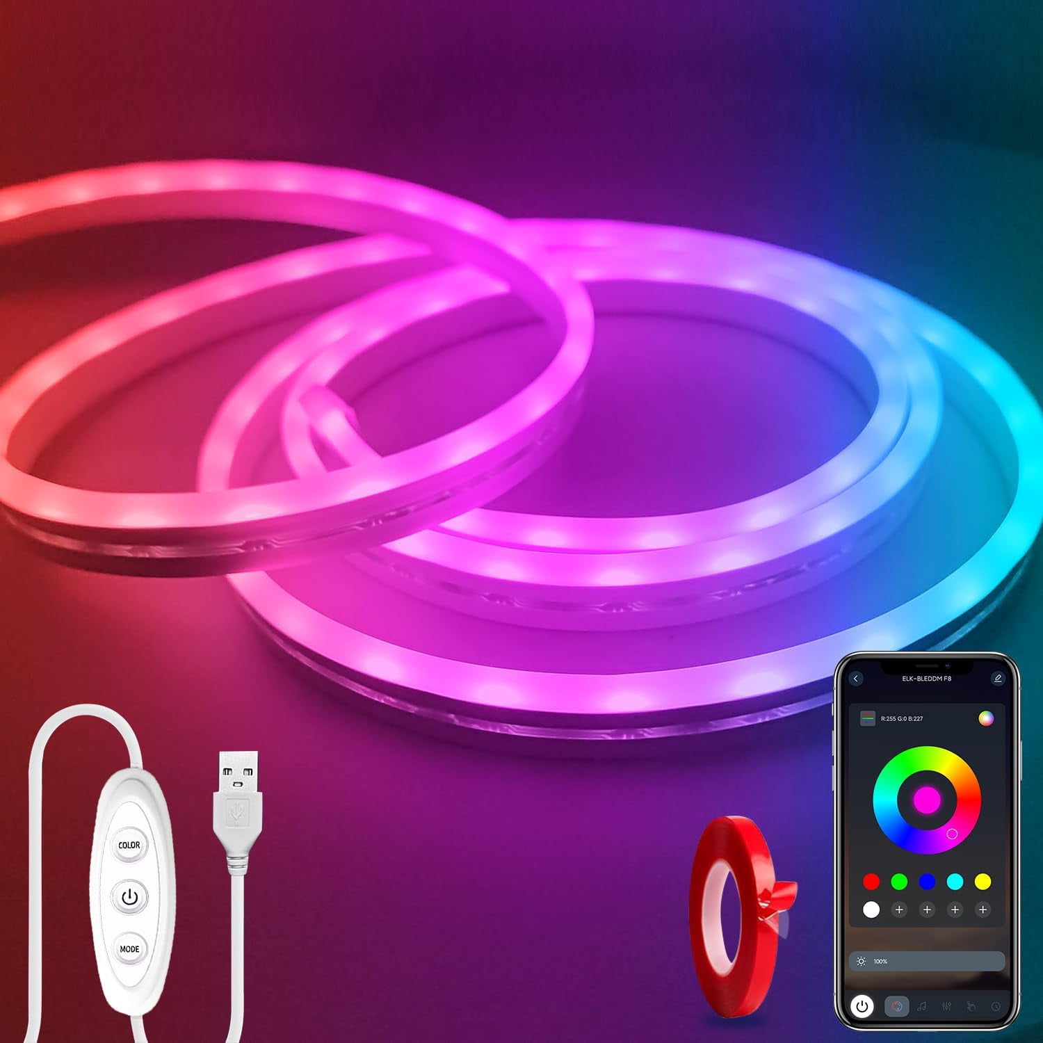 SRWEHG-LED Neon Lights6.6ft USB Powered LED Strip Lights5V Music Sync ...