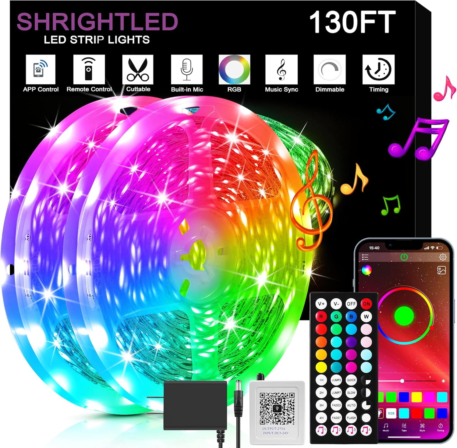 SRWEHG-Led Lights for Bedroom 130ft (2 Rolls of 65ft) 720 LEDs Music ...