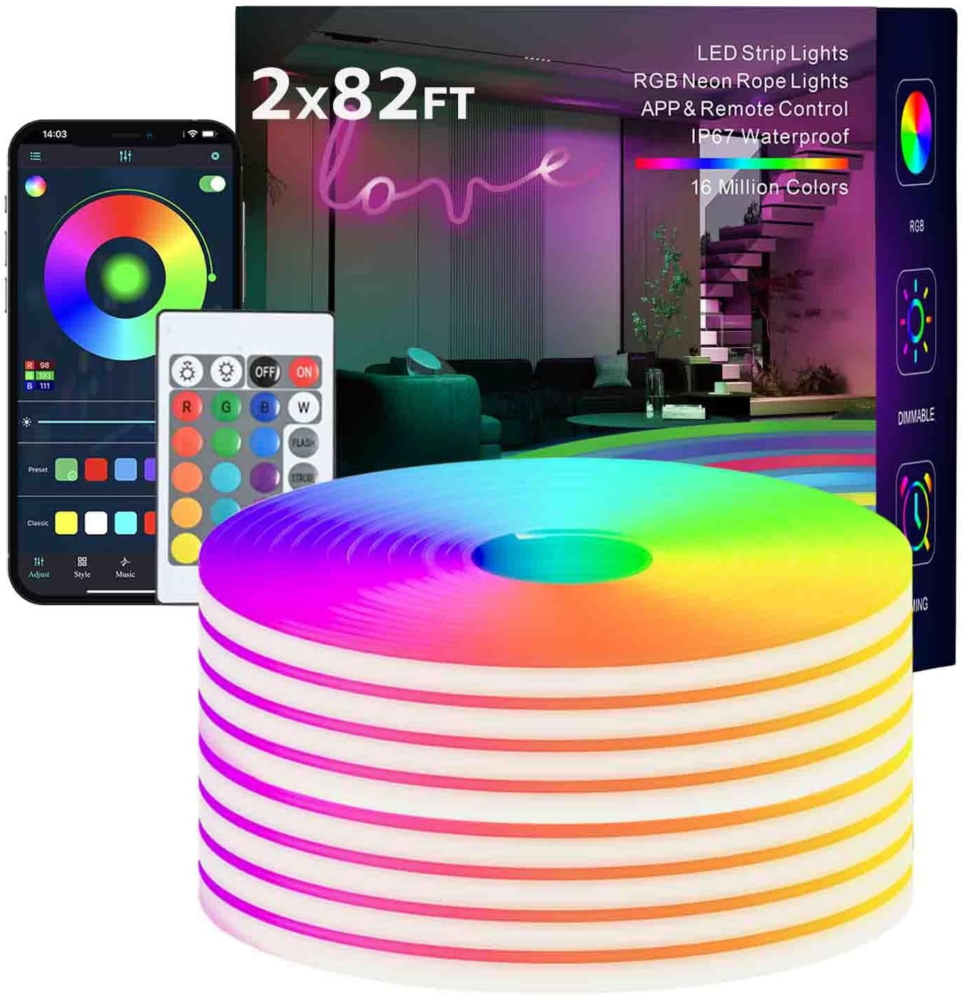 SRWEHG-Led Strip Lights, RGB 164FT (2 Rolls of 82ft) Neon Rope Lights ...
