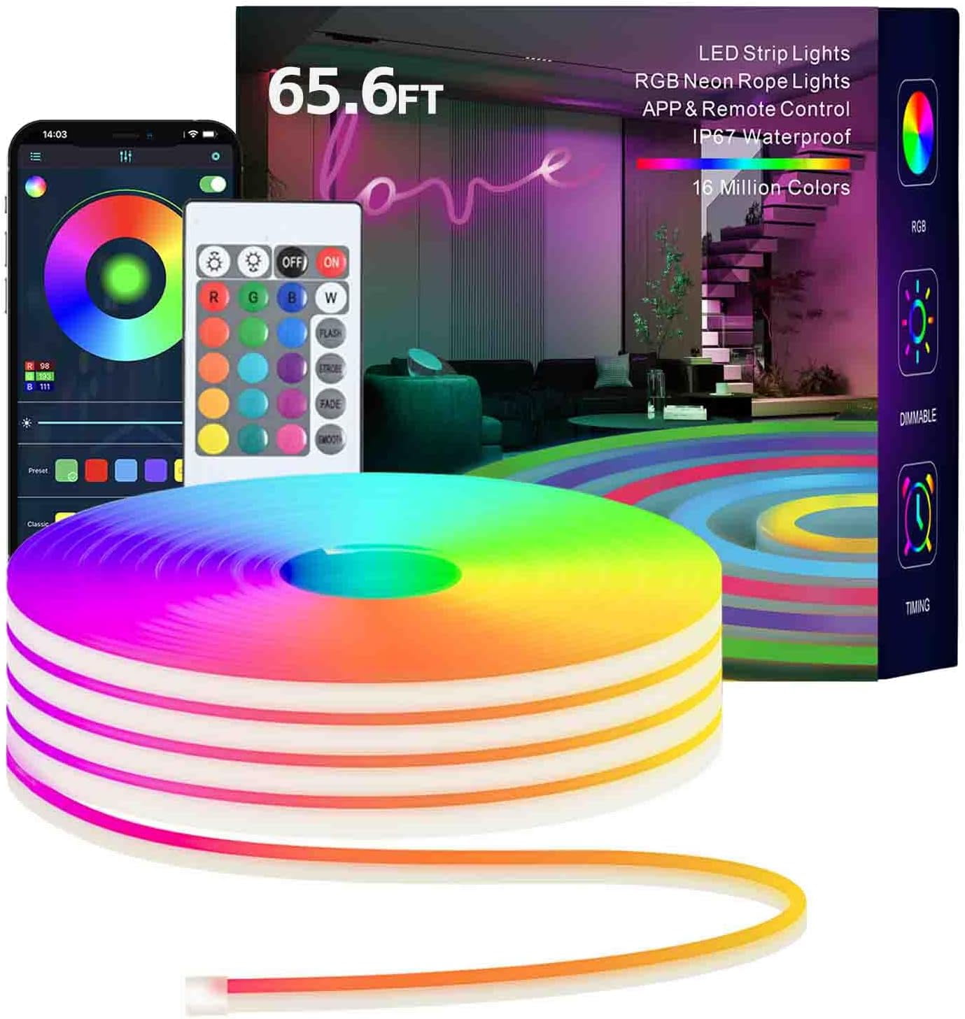 SRWEHG-Led Strip Lights, RGB 65.6FT (2 Rolls of 32.8ft) Neon Rope ...
