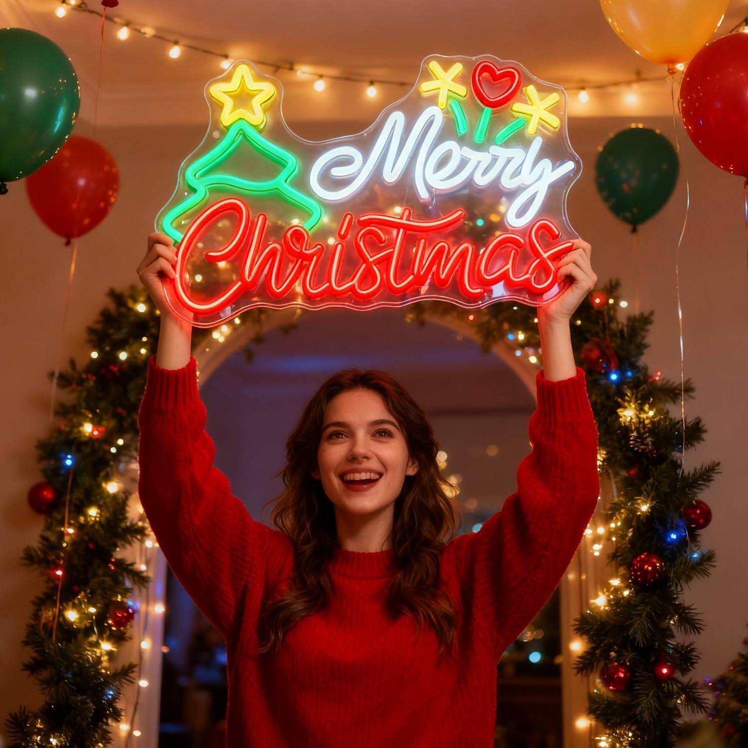 SRWEHG-Modern Merry Christmas Neon Sign with Tree & Santa Hat, LED ...