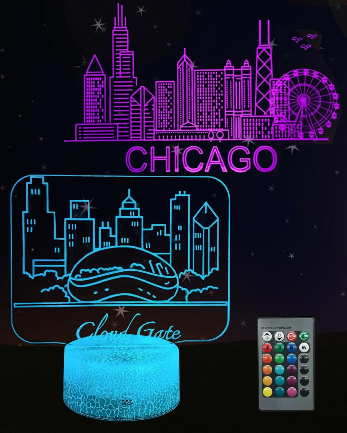 SRWEHG-Night Light Chicago City Landmark Cloud Gate 3D Illusion Lamp 2 ...