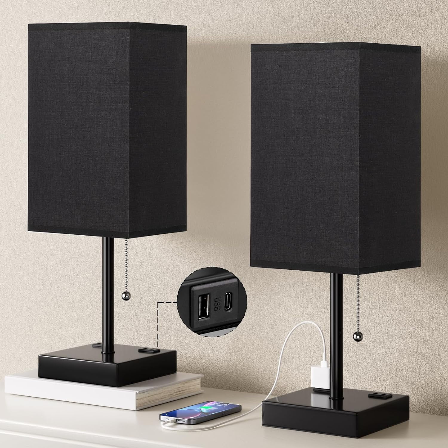 SRWEHG-Plus Black Bedside Table Lamps Set of 2 - Bedroom Lamps with 3 ...