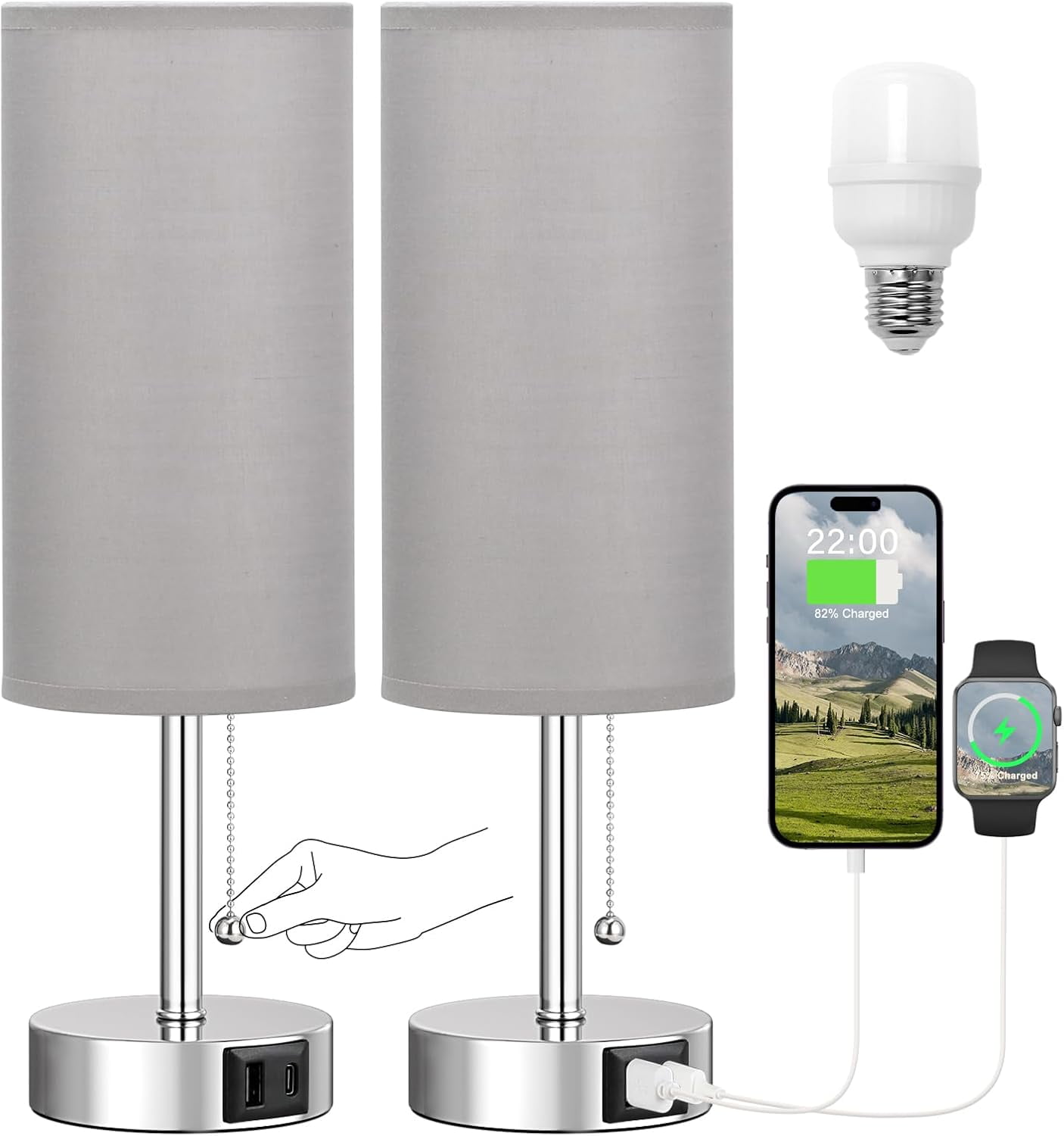 SRWEHG-Silver Bedside Lamps for Bedroom Set of 2 - Nightstand Table ...