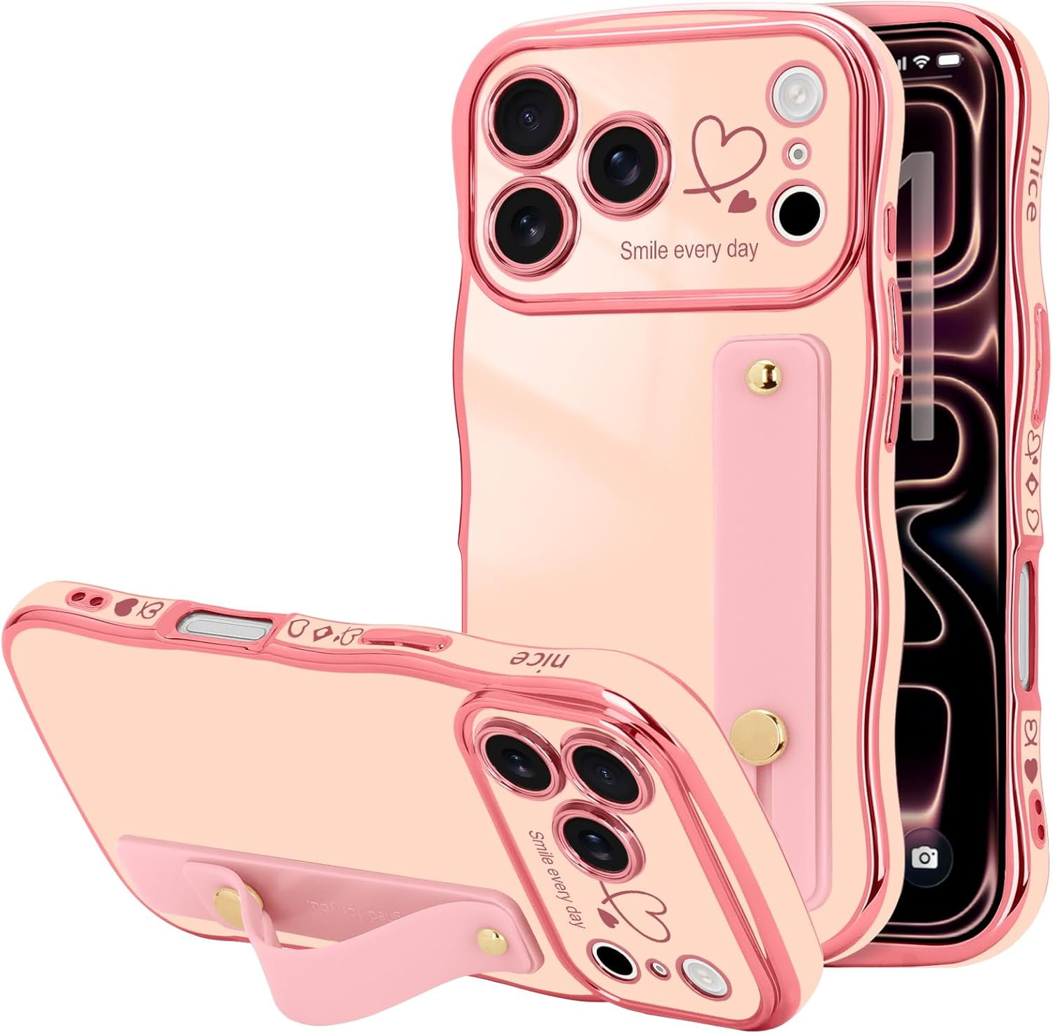SRWEHG-for iPhone 17 Pro Max Case for Women Girls with Strap, Wave Frame Cute Love-Heart Plating ...