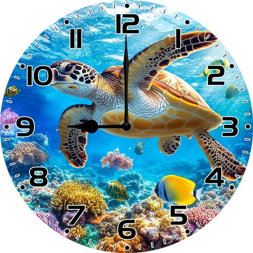 SRongmao Beach Decor Sea Turtle Wall Clock Silent Round Battery ...