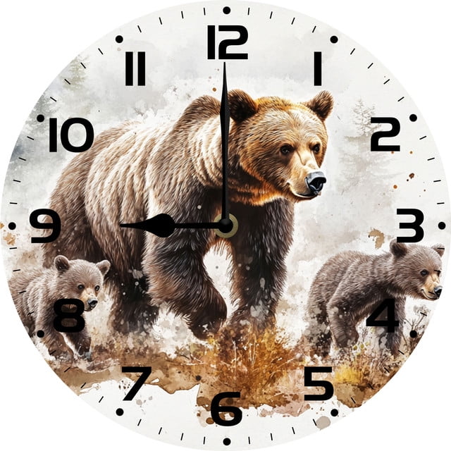 SRongmao Bear Wall Clock 10inch Round Wood Forest Bear Wall Clocks Bear ...