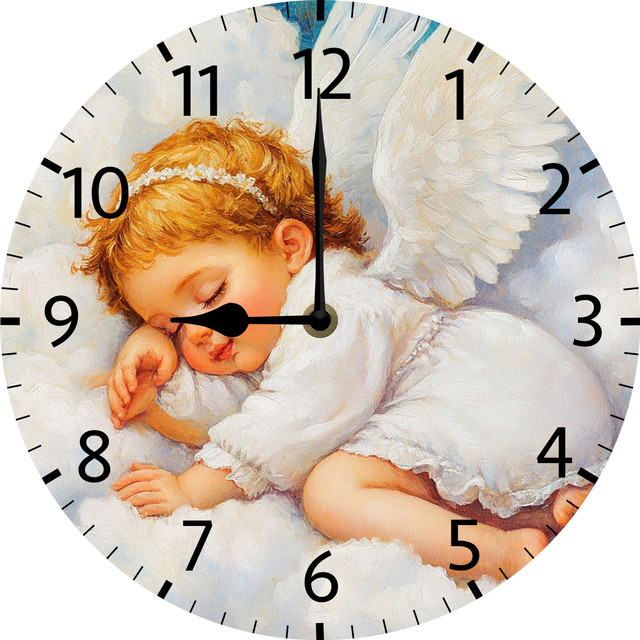 SRongmao Cute Angels Wall Clock 10inch Round Wood Wall Clock for Kitchen Bathroom Silent Non ...