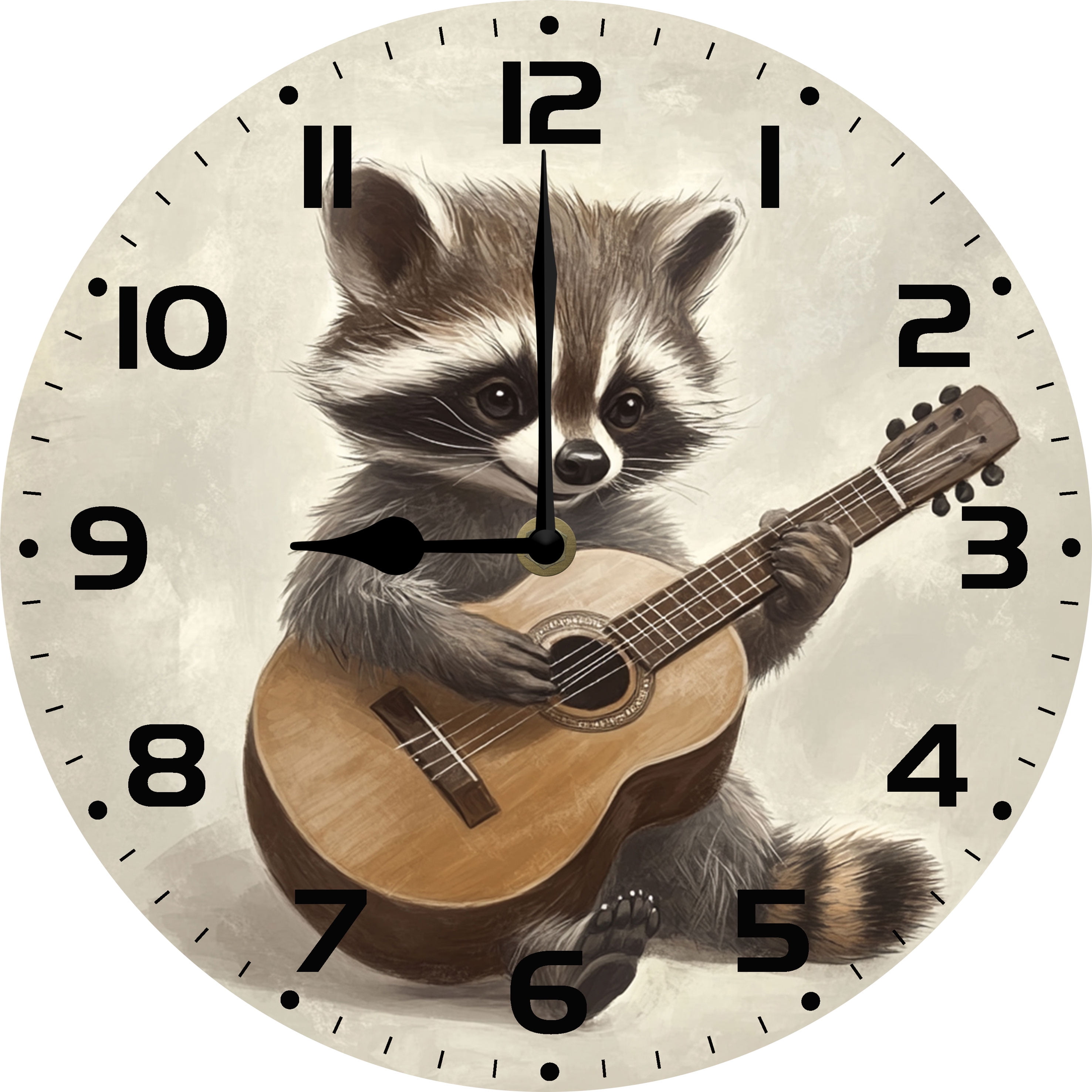 SRongmao Funny Clocks Play Guitar Raccoon Wall Clock 10inch Round Wood Battery Operated Animals ...
