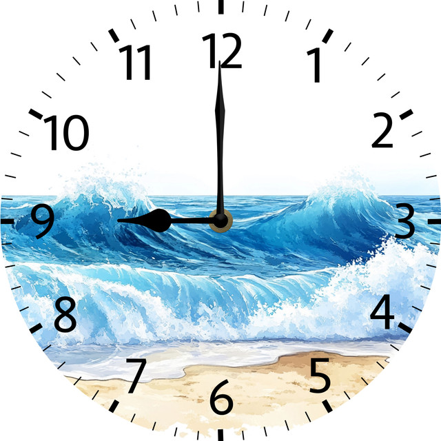 SRongmao Wooden Round Wall Clocks with Ocean Wave Sea Beach, Battery ...