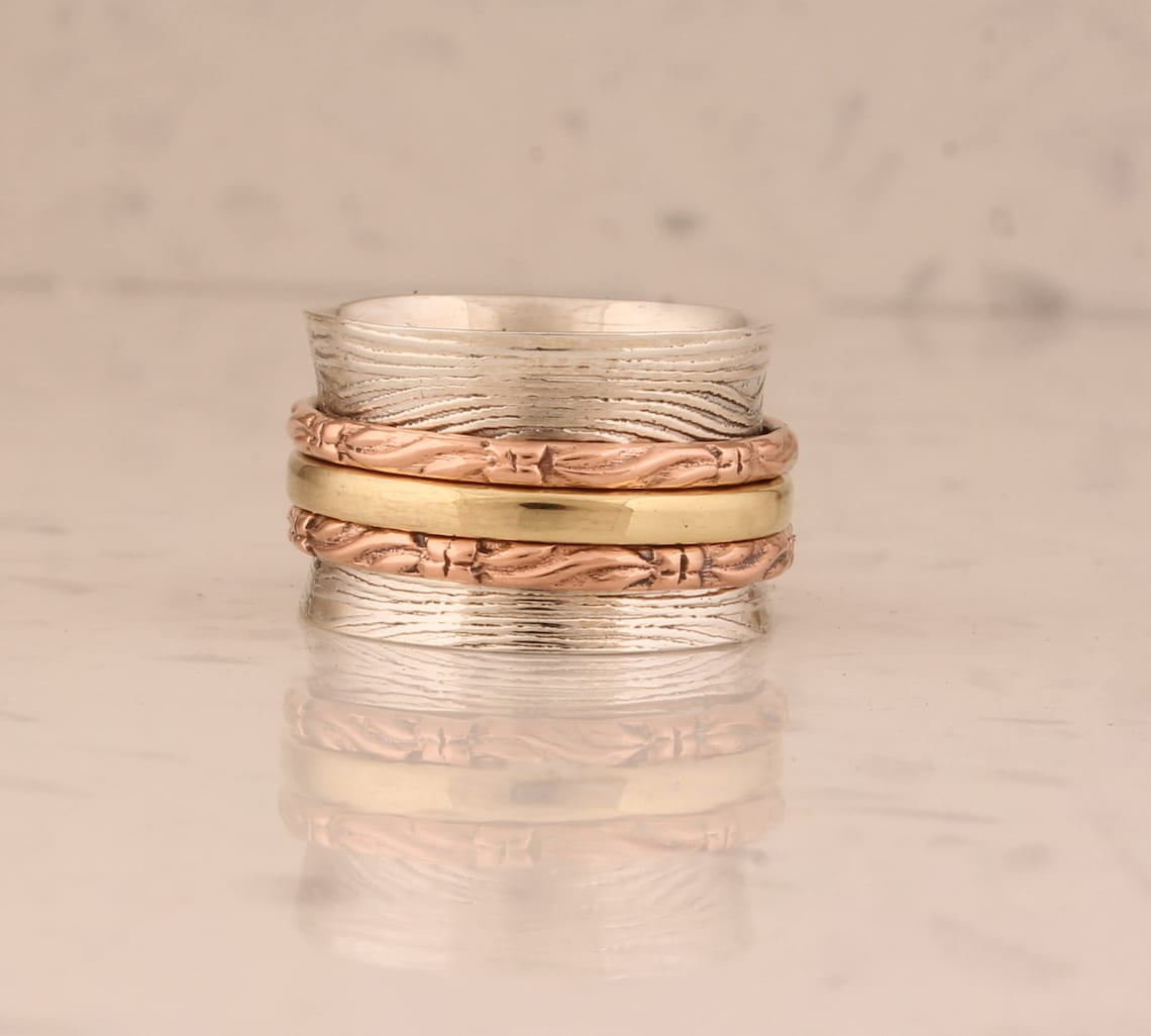 SS DESIGNS 925 Sterling Silver Spinner Ring – Handmade Three-Tone ...