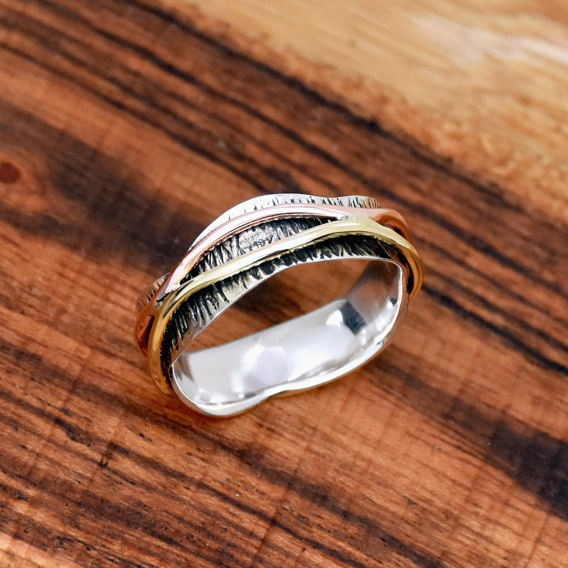 SS DESIGNS 925 Sterling Silver Spinner Ring, Narrow Textured Anxiety ...