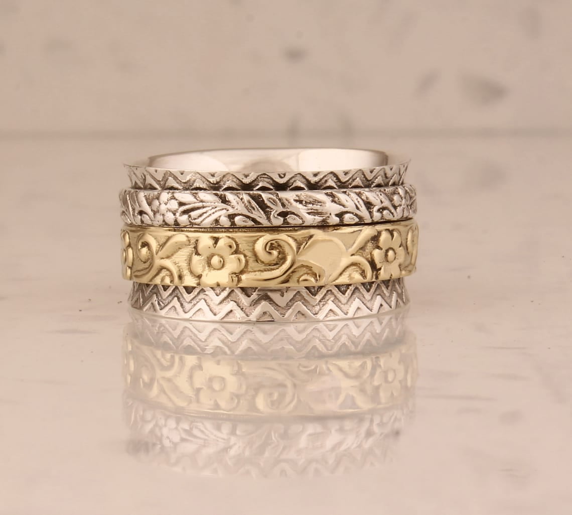 SS DESIGNS Flower Engraved Spinner Ring – Handmade 925 Sterling Silver ...