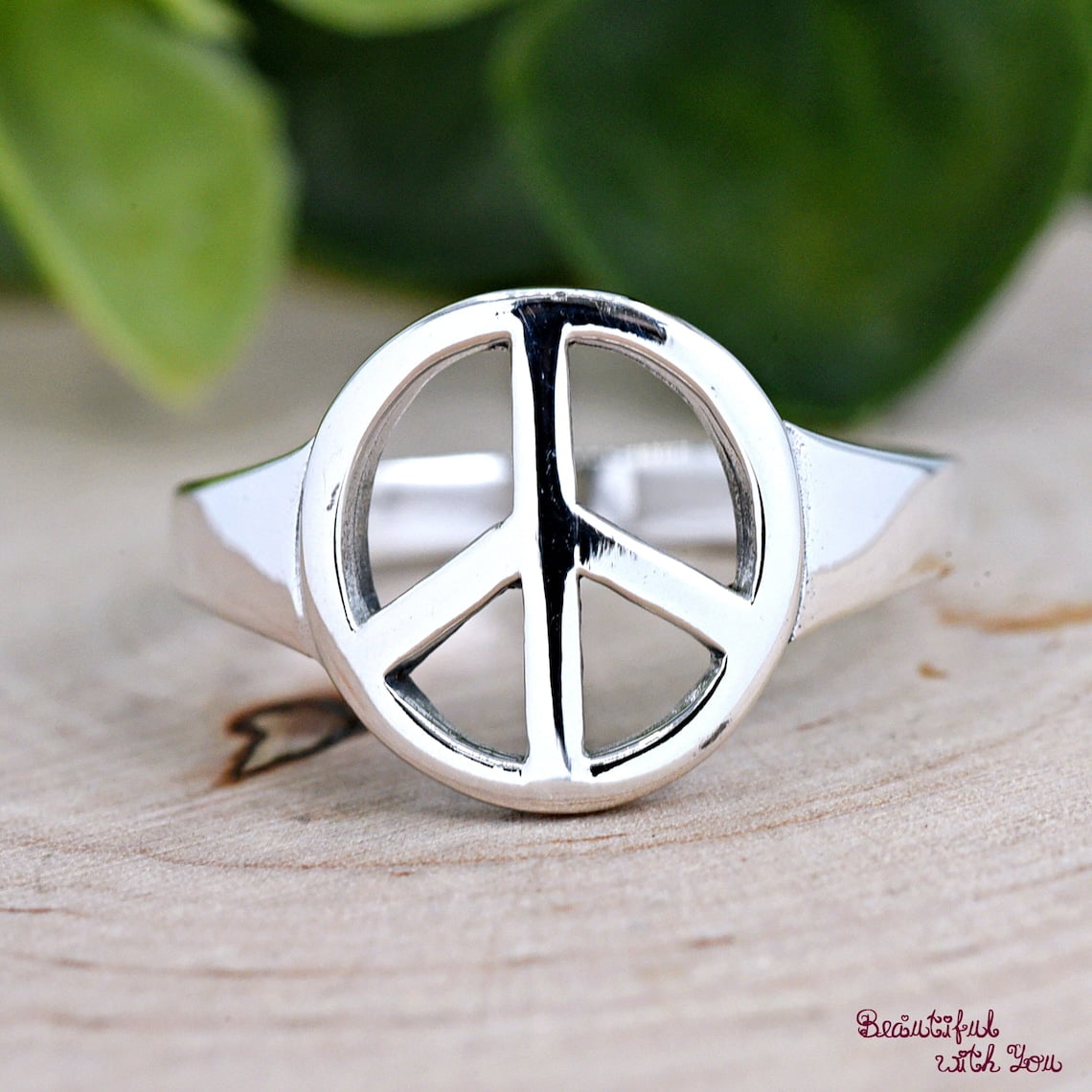 SS DESIGNS Minimalism Peace Sign High Polish Silver Ring, Womens Simple Peace Ring, 12mm Peace ...