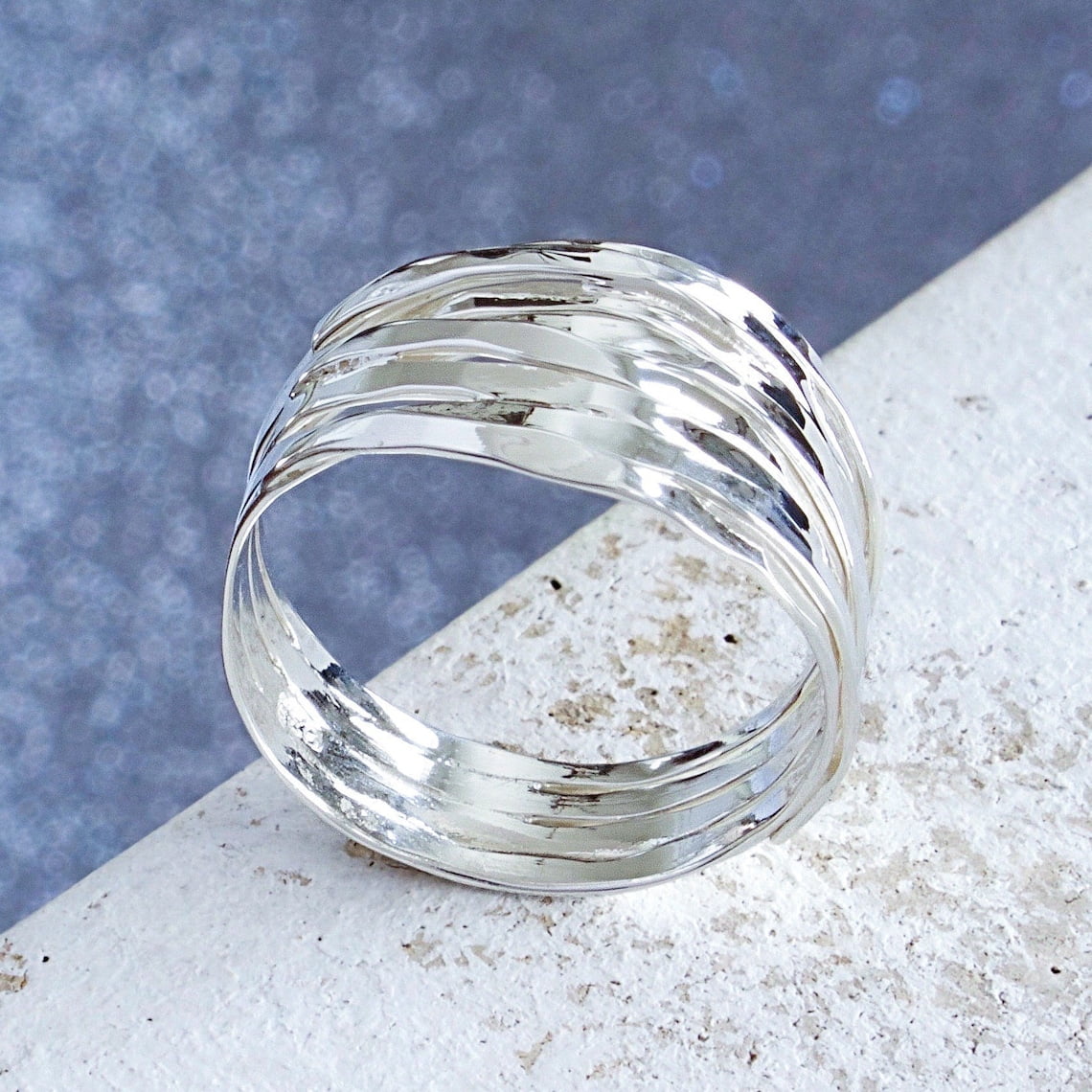 SS DESIGNS Multi Layered Sterling Silver Hammered Ring, Women's Multi Band Ring, Textured Strand ...