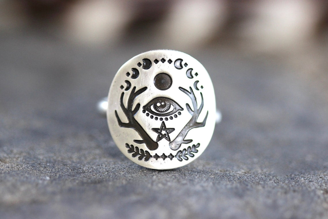 SS DESIGNS Silver Evil Eye Ring Celestial Ring Antlers Ring Mystic ...