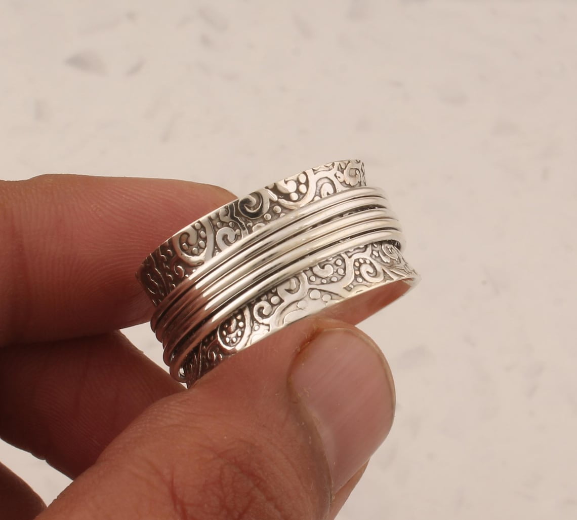 SS DESIGNS Solid 925 Sterling Silver Engraved Band Spinner Ring ...