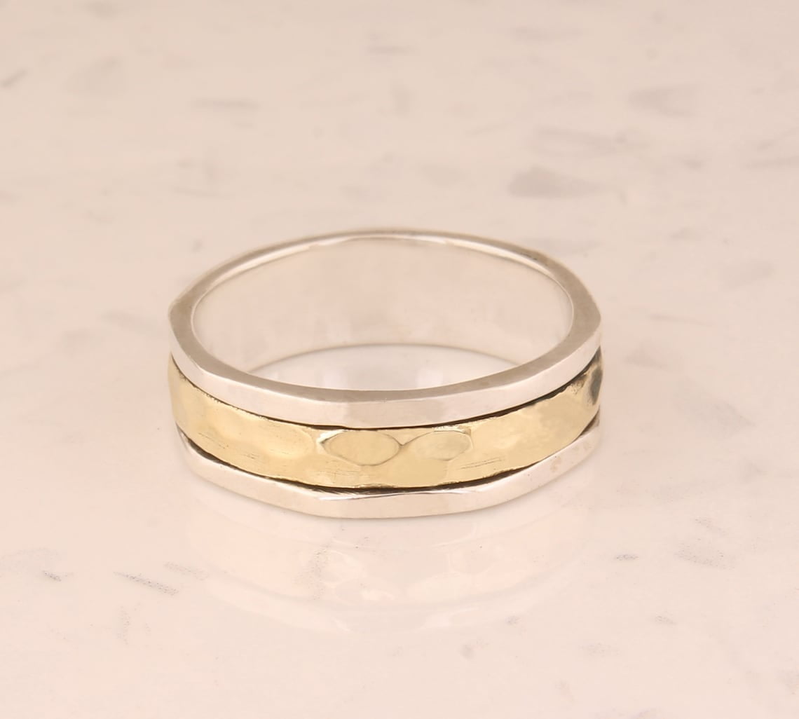 SS DESIGNS Solid 925 Sterling Silver Hammered Textured Two-Tone Band ...