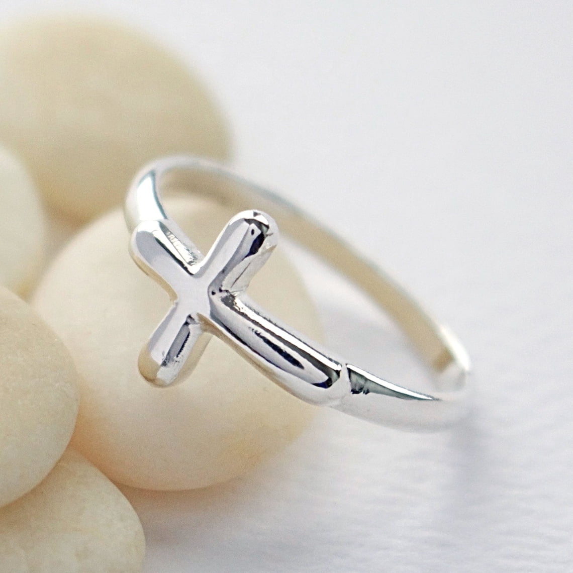SS DESIGNS Sterling Silver Cross Ring, Women's Sideways Cross Finger Ring, High Polished Ring, 2 ...