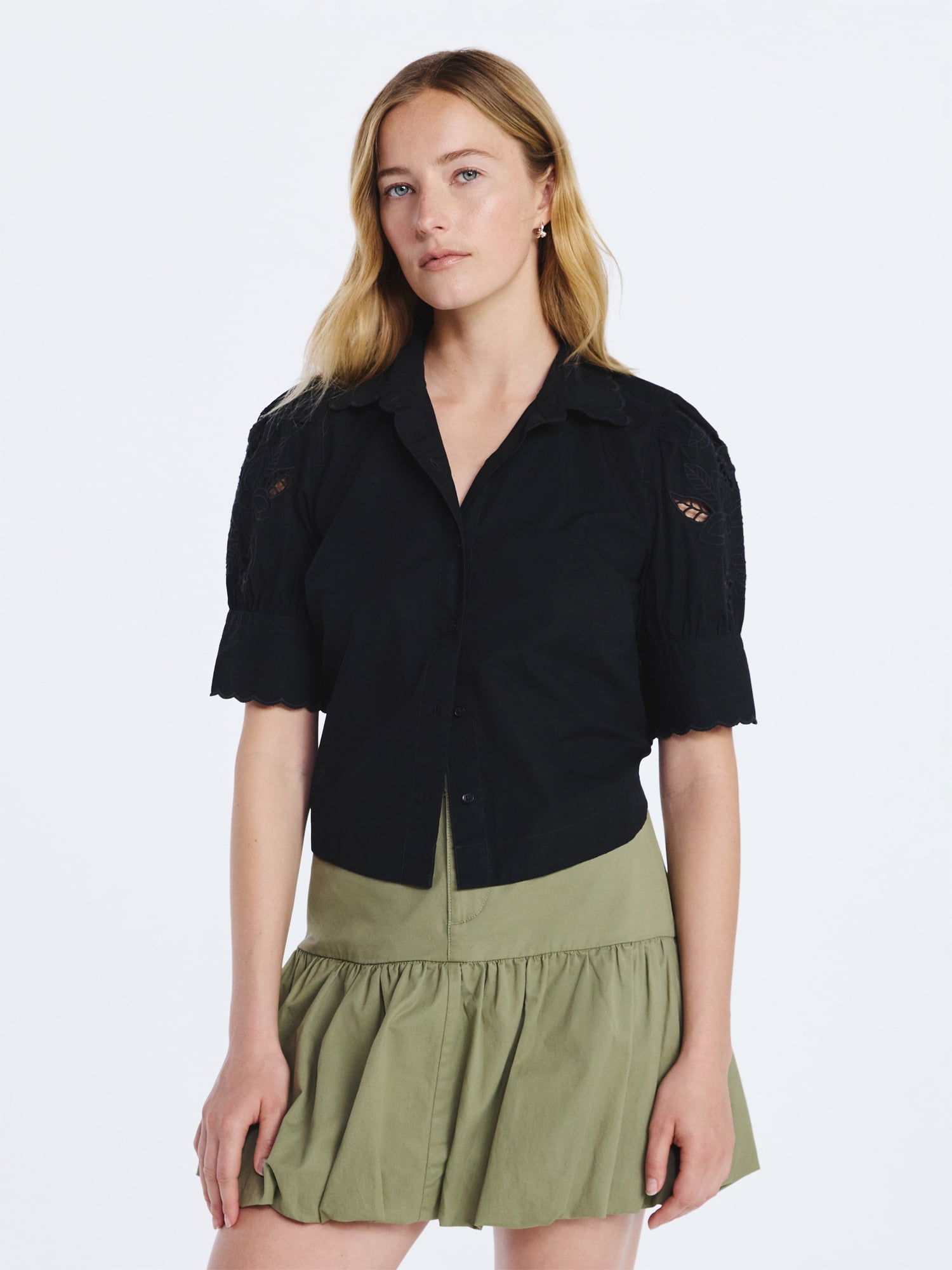 Free Assembly Women's and Women's Plus Cotton Eyelet Button Front Shirt ...