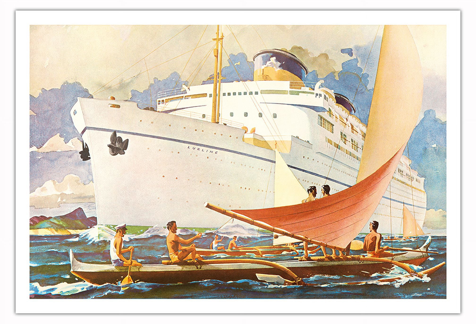 SS Lurline Ocean Liner and Hawaiian Outrigger Sailing Canoe (Wa a ...