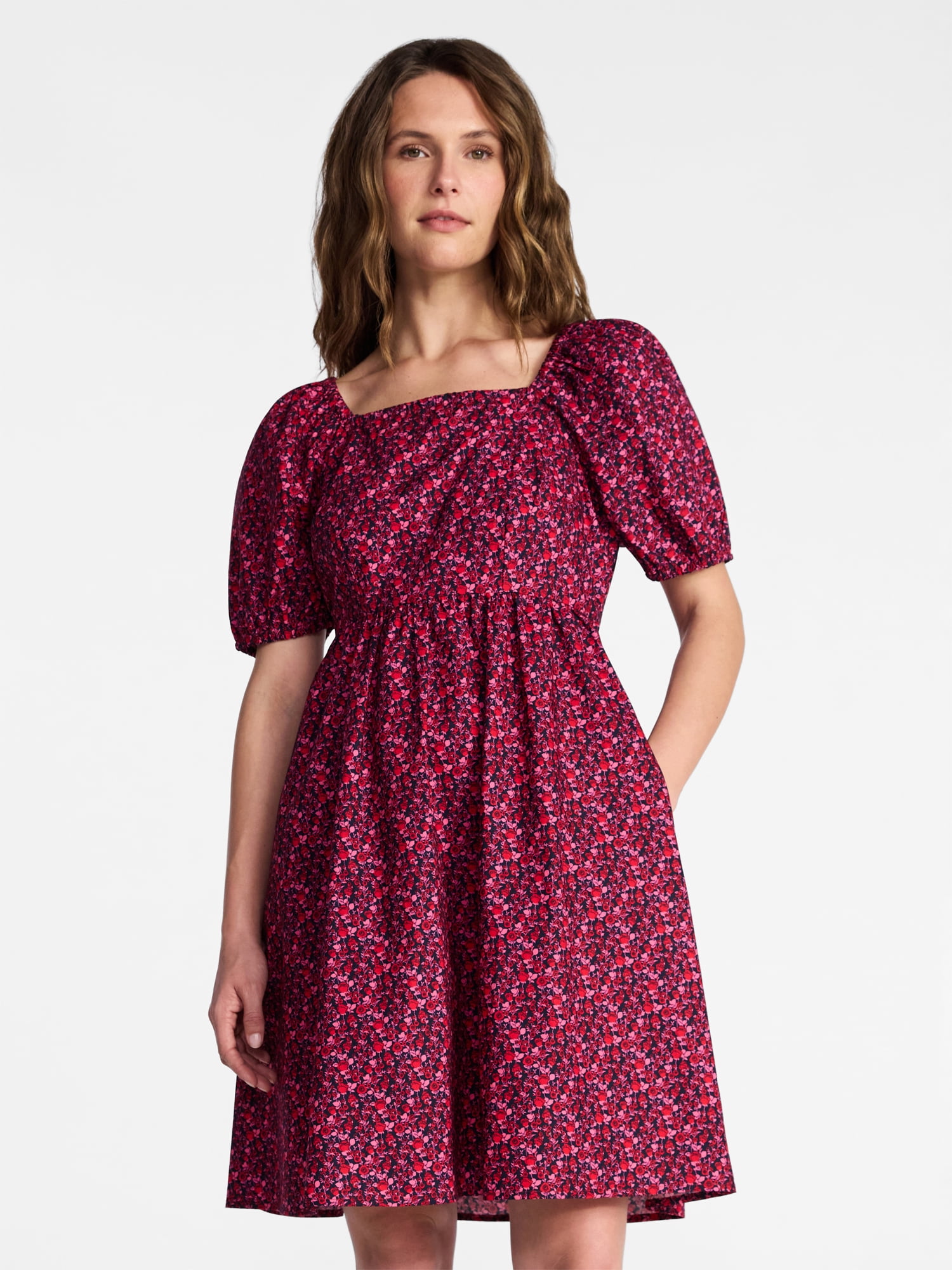 Time and Tru Women's and Women's Plus Tie Back Mini Dress with Puff ...