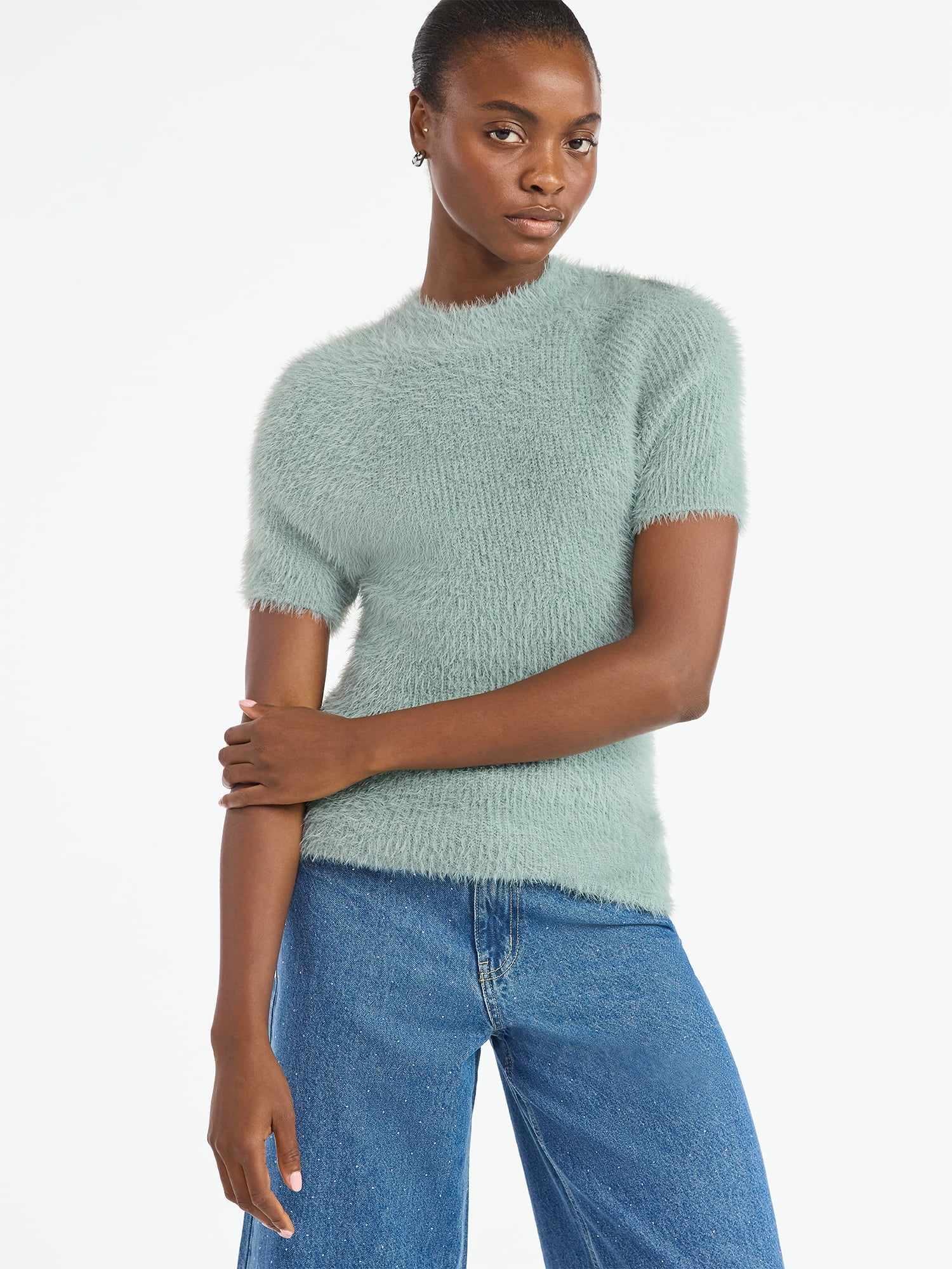 Scoop Women’s Fuzzy Sweater Top with Short Sleeves, Lightweight, Sizes ...