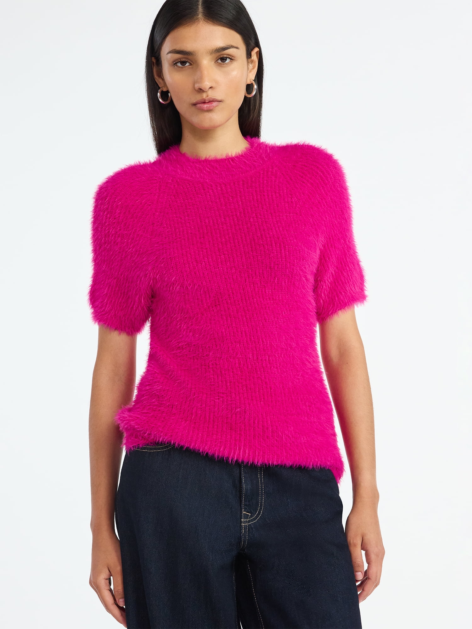 Scoop Women’s Fuzzy Sweater Top with Short Sleeves, Lightweight, Sizes ...