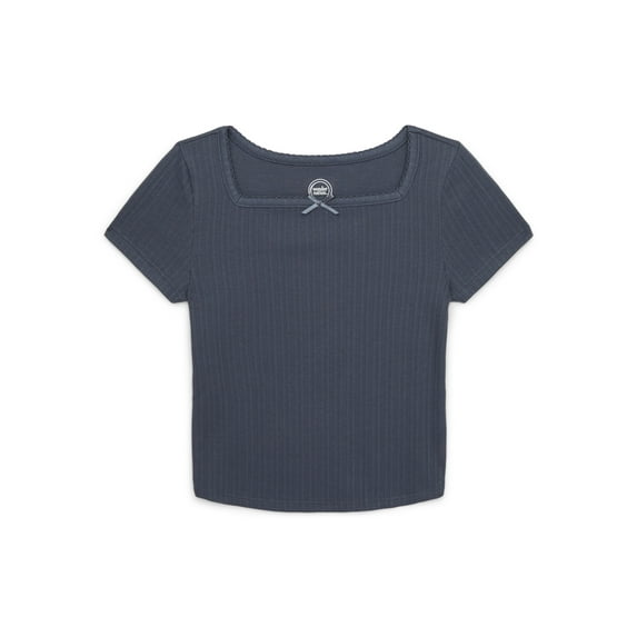 Wonder Nation Girls Square Neck Top with Short Sleeves, Sizes 4-18 ...