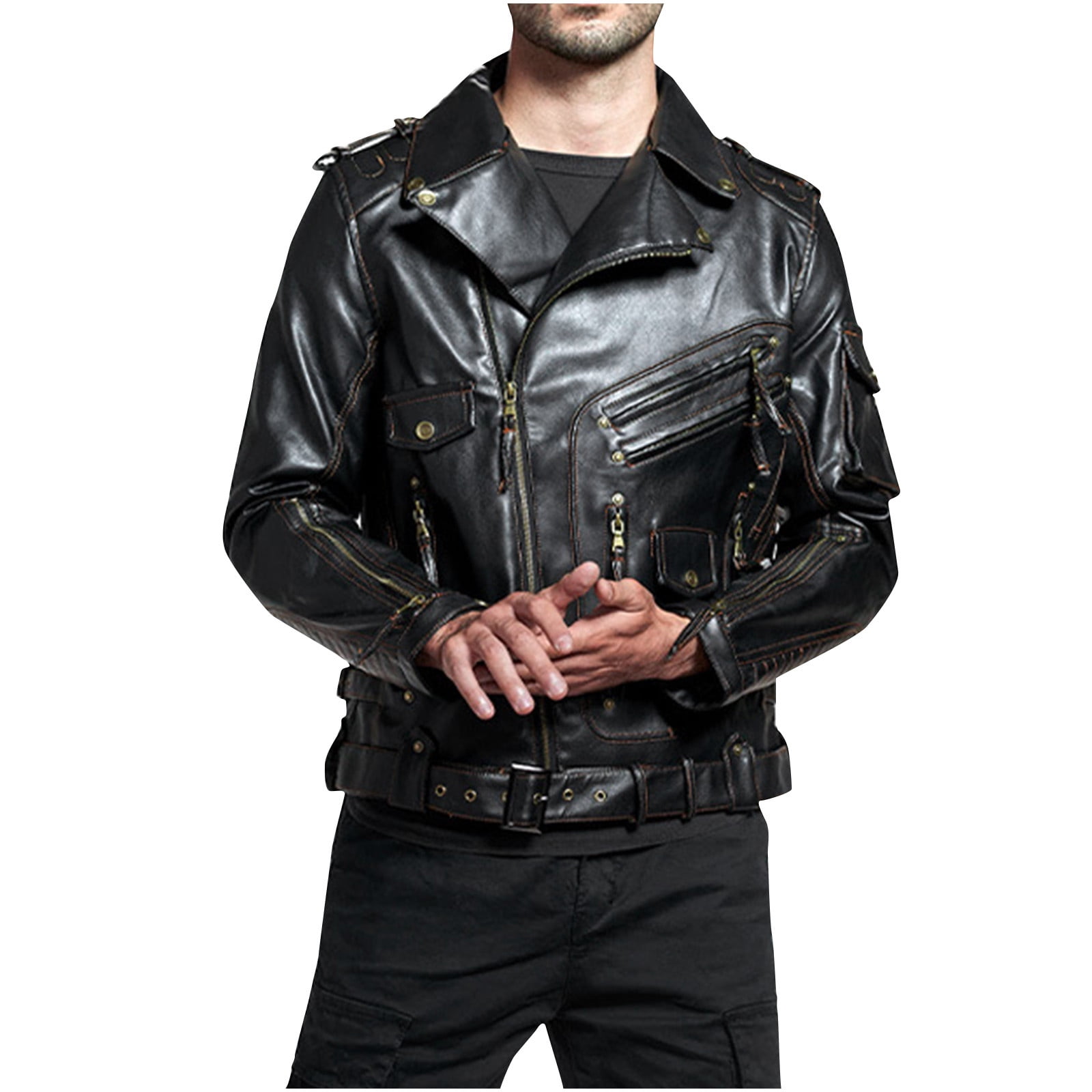 SSAAVKUY Men's Faux Leather Motorcycle Jacket Vintage Zipper Belted ...