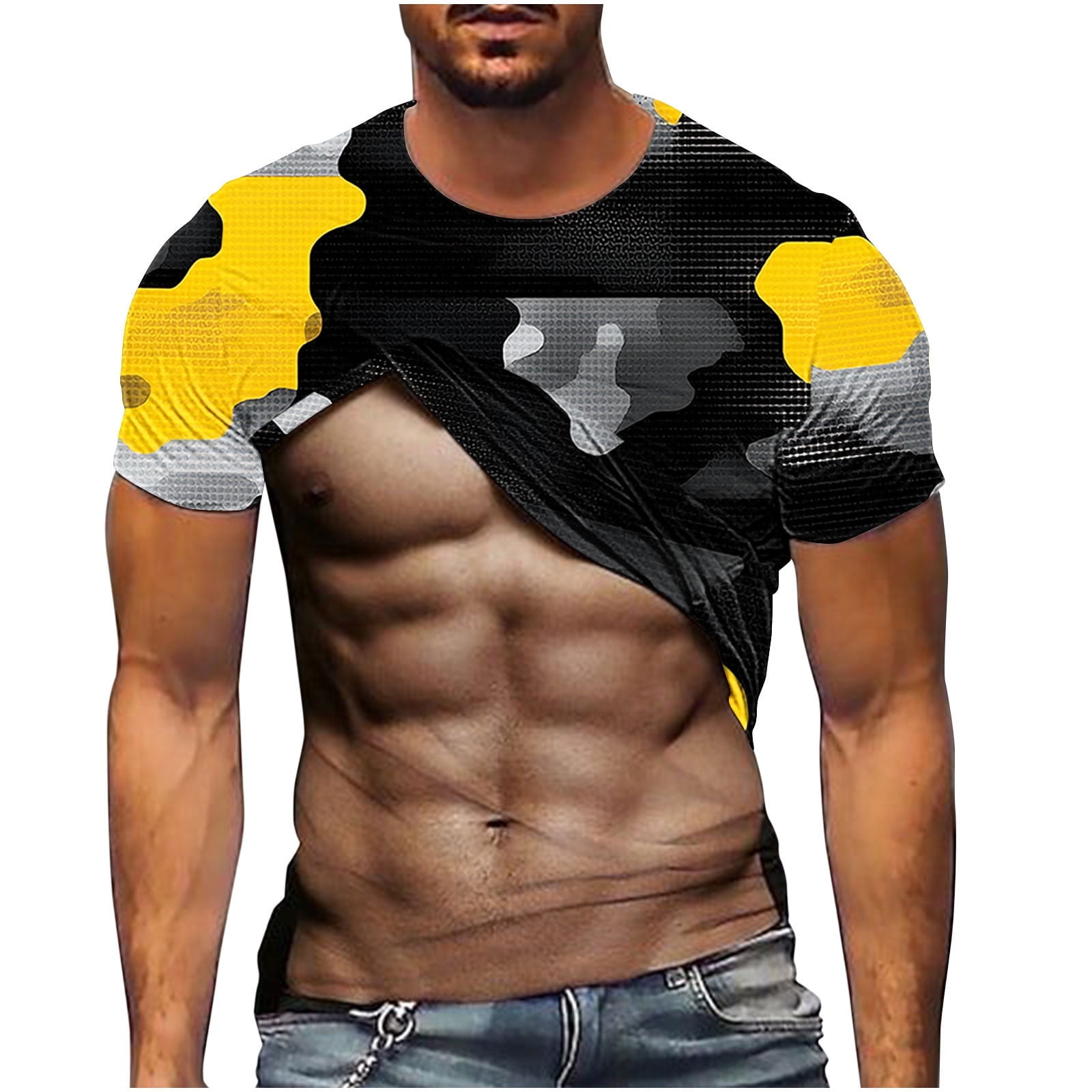 SSAAVKUY Muscle Fitness T Shirt for Men Crew Neck Short Sleeve Slim Fit Camo Workout Tee Stretch ...