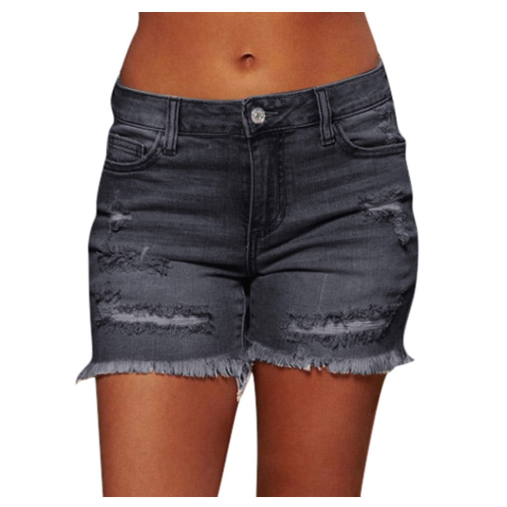Ssaavkuy Womens Summer Mid Rise Ripped Stretchy Jeans Shorts Frayed Raw