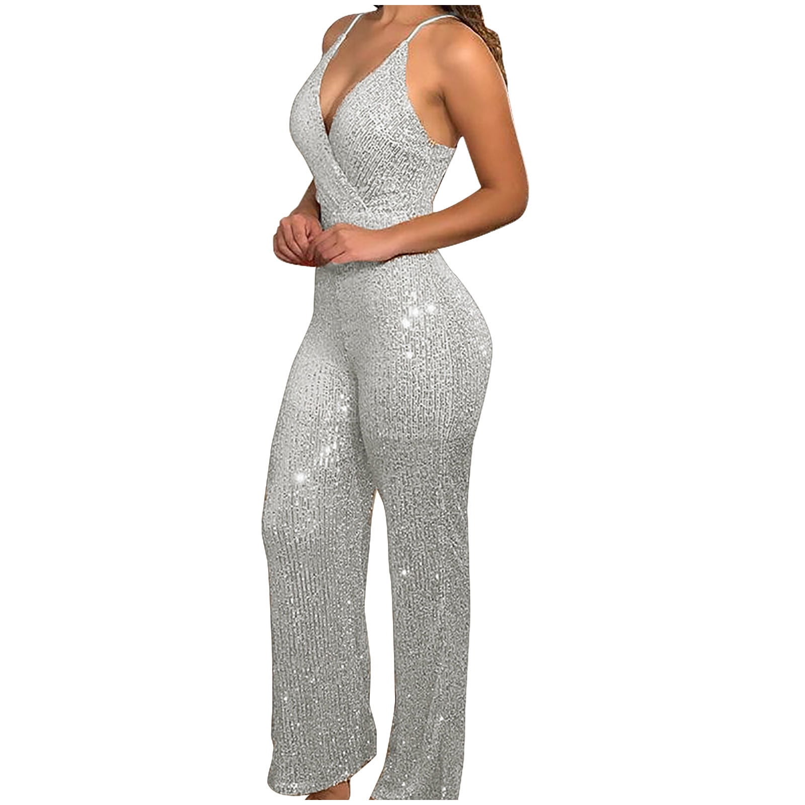 Ssaavkuy Womens Suspenders Jumpsuits Slimming Sequins Sleeveless Trendy