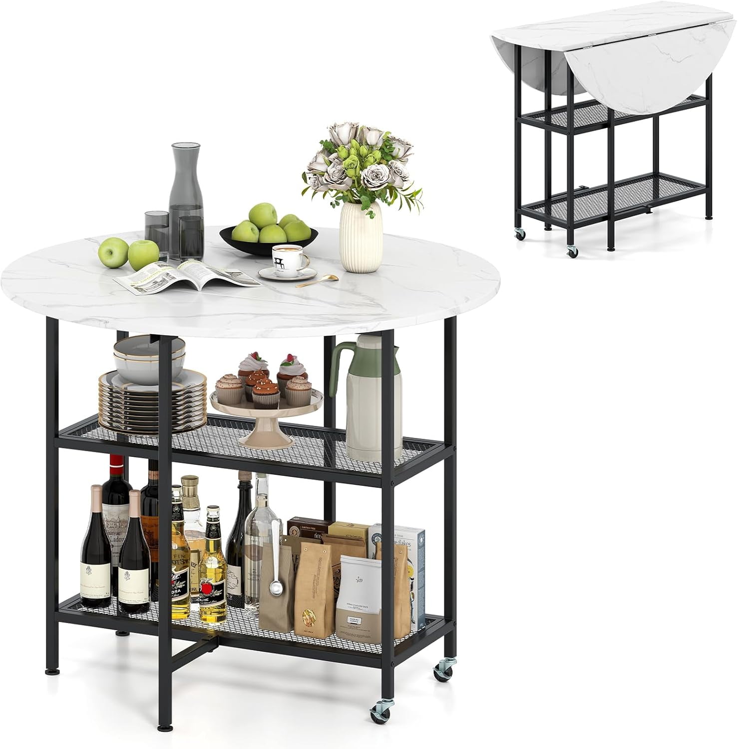 SSB 40" Folding Dining Table with Lockable Wheels, Storage Shelves ...
