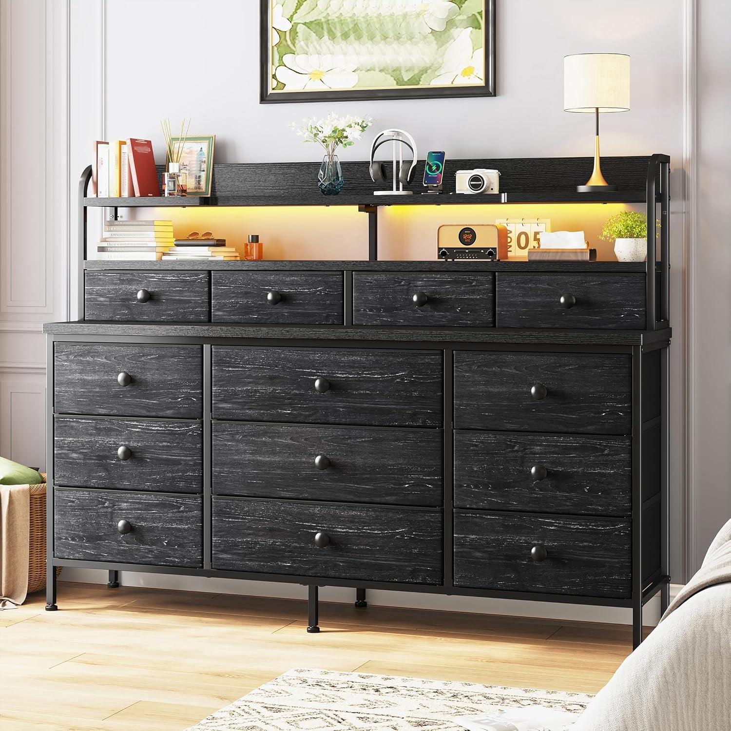 SSB 51.2" W Black Dresser with 13 Drawers and LED Lights, Dresser for ...