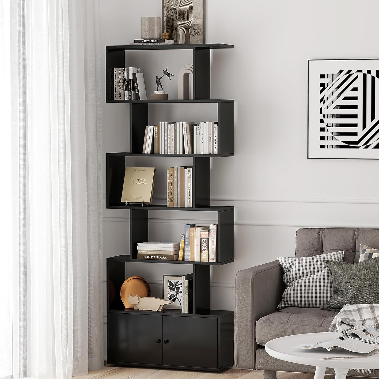 SSB 6-Tier Geometric Bookcase with Cabinet, 72 Inch Freestanding Room ...