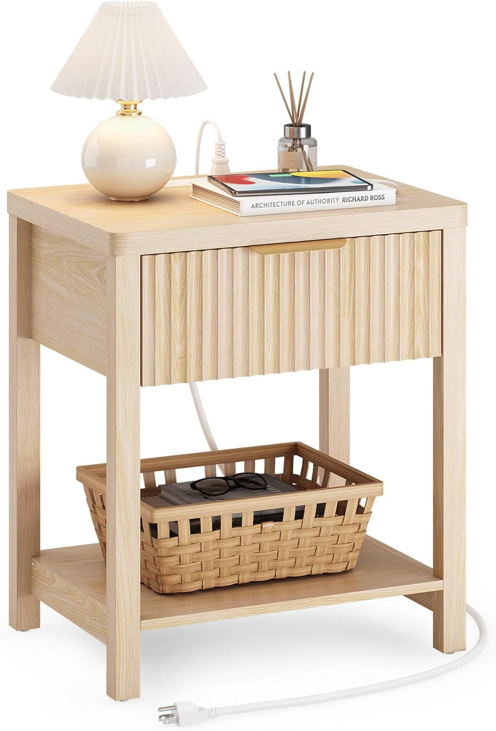 SSB Fluted Night Stand with Drawers, Fluted Nightstand with Charging ...