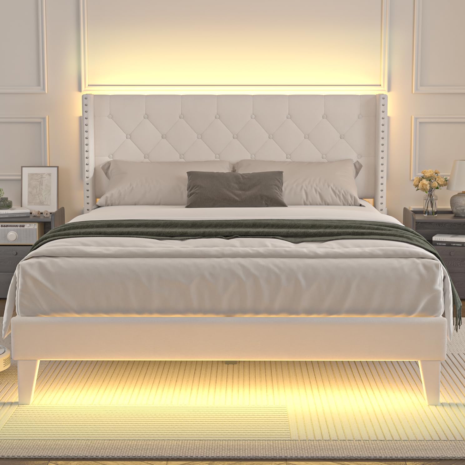 SSB Full Size Bed Frame with Led Lights, Upholstered Velvet Platform ...